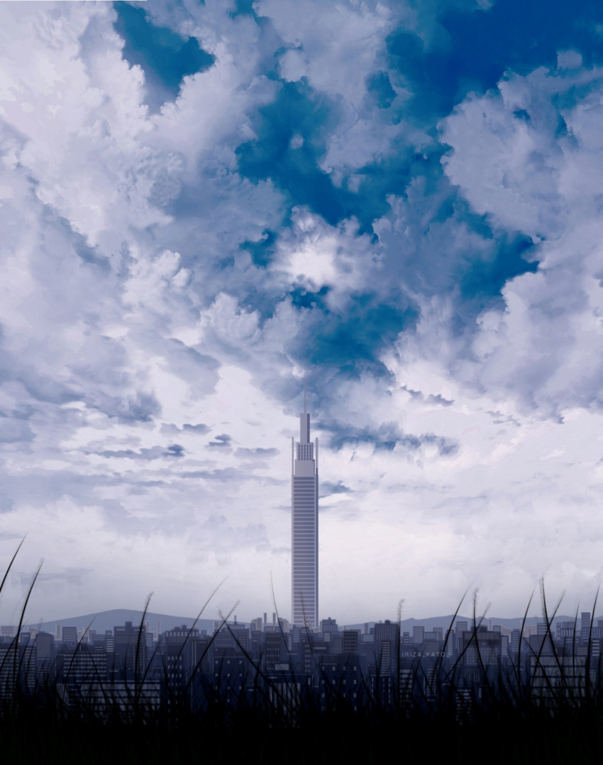 Safebooru - building city clouds cloudy sky grass highres iriza katou no humans original ...
