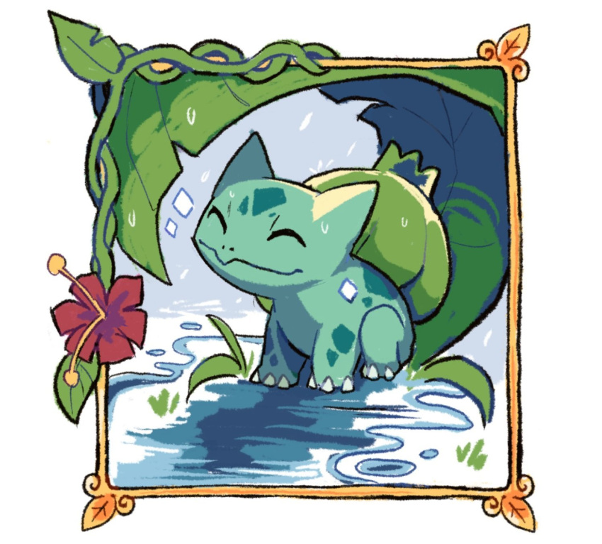 Safebooru - border bulbasaur claws closed eyes closed mouth flower full body hibiscus highres ...