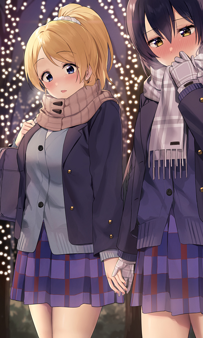 Safebooru - 2girls absurdres ayase eli bag blonde hair blue eyes blue hair blue skirt blush coat ...
