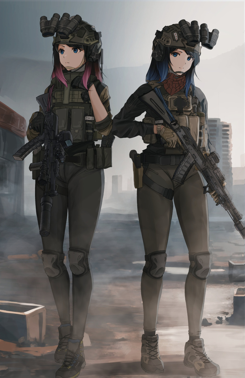 Safebooru - 2girls absurdres assault rifle black gloves black hair blue eyes blue hair brown ...