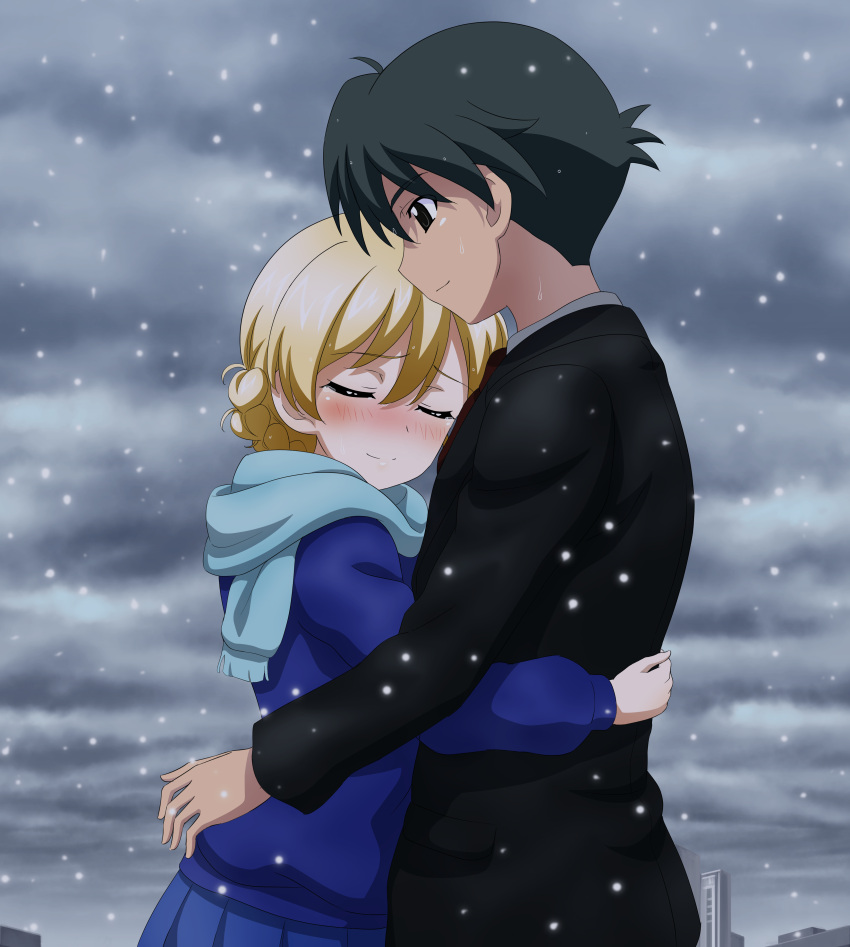 Safebooru - 1boy 1girl absurdres black hair black jacket blonde hair closed eyes commission ...