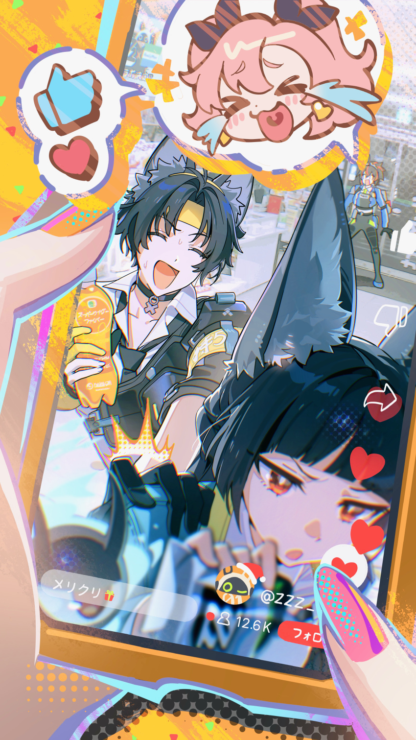 Safebooru - 1boy 3girls absurdres animal ear fluff animal ears aqua jacket asaba harumasa black ...