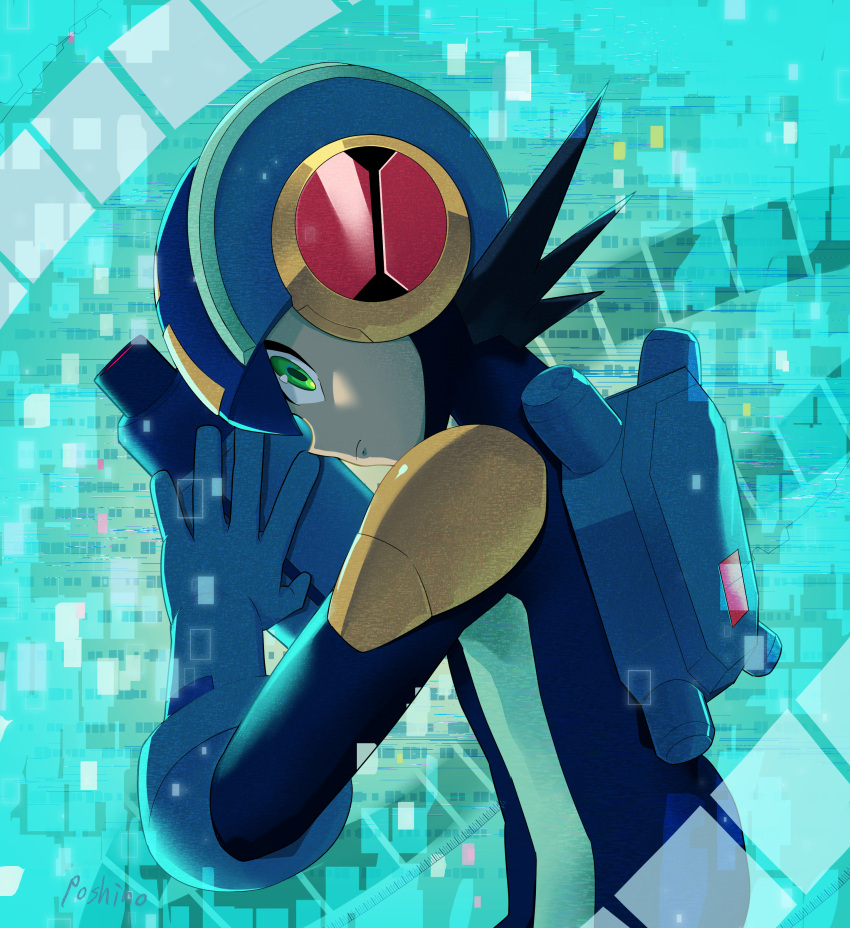 Safebooru - 1boy absurdres arm cannon black hair blue helmet cowboy ...