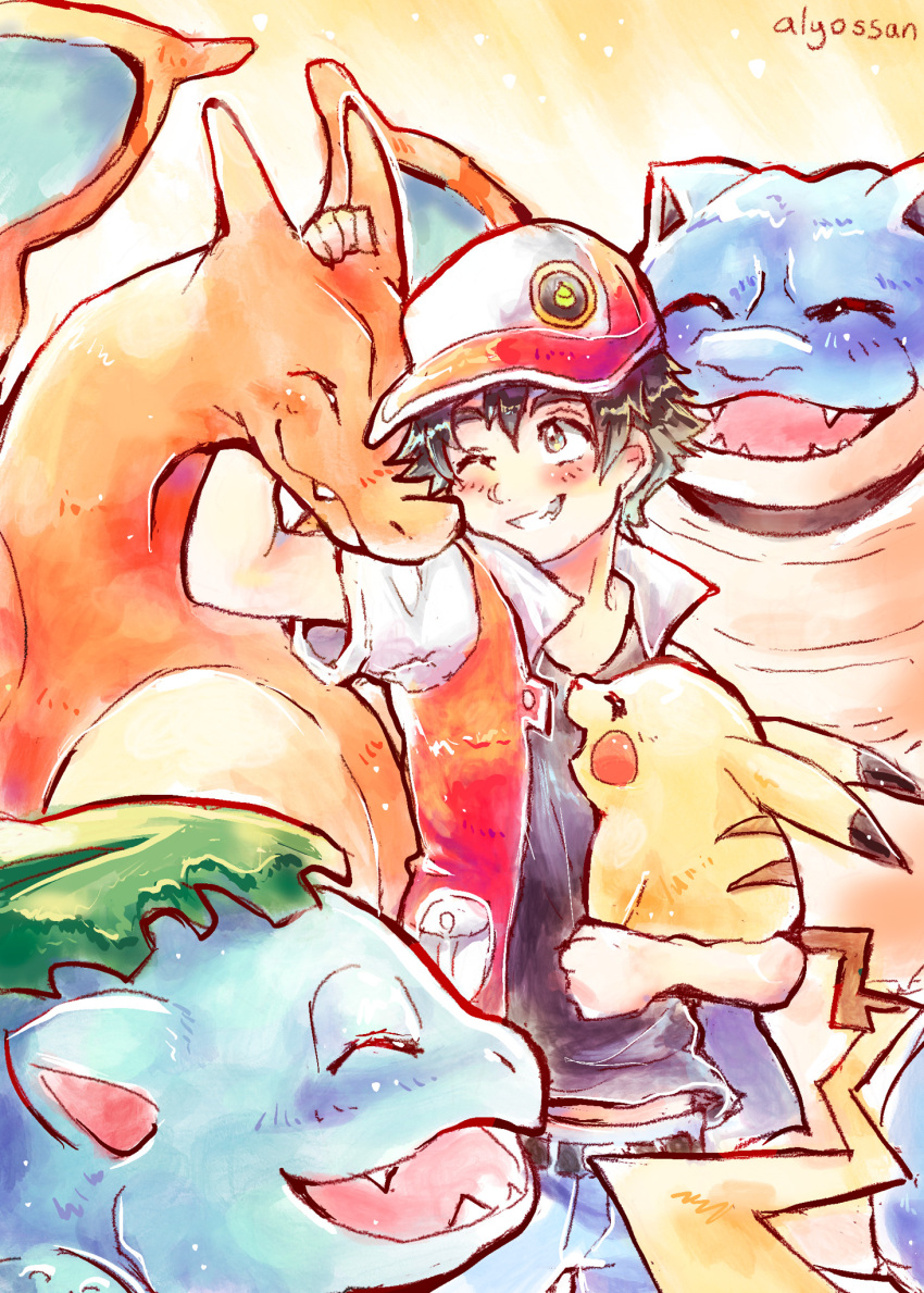 Safebooru - 1boy alyossan baseball cap black eyes black shirt blastoise charizard commentary ...