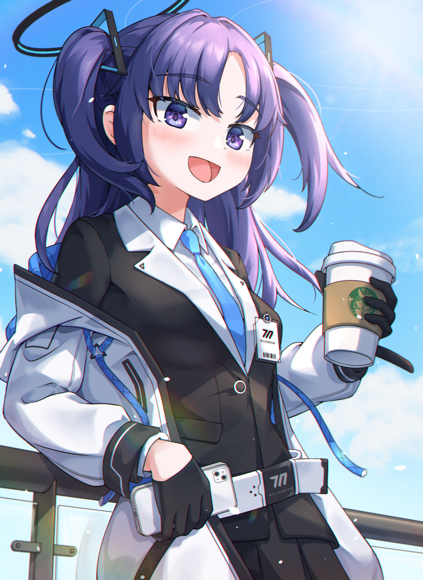 Safebooru - 1girl absurdres black skirt blue archive blue necktie blush cellphone coffee cup ...