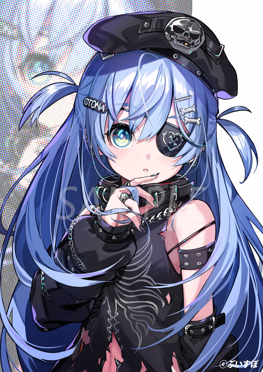 Safebooru - 1girl aqua eyes arm strap arm warmers bare shoulders beret black hair blue hair bone ...