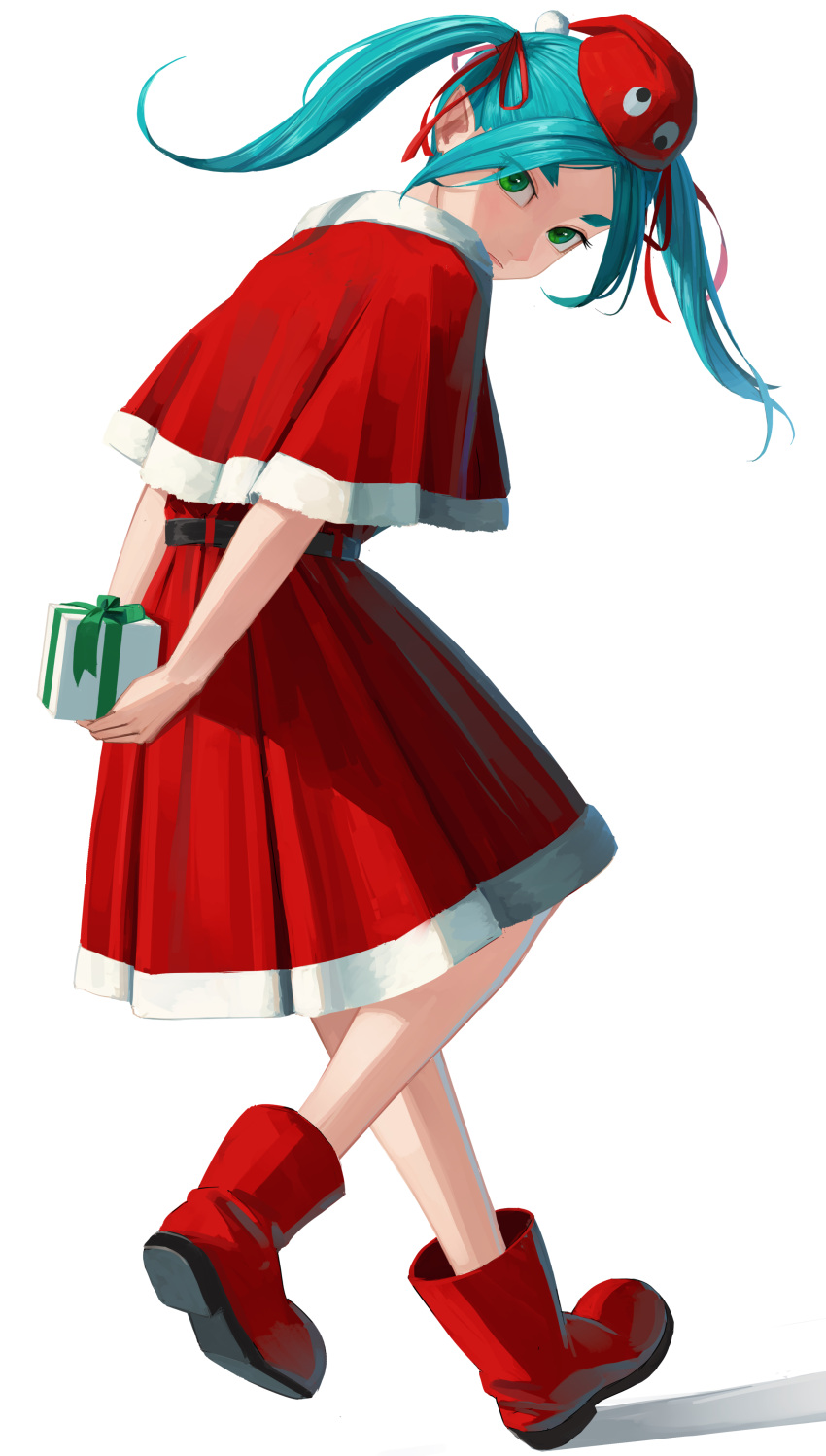 Safebooru - 1girl absurdres aqua hair boots capelet christmas dress full body fur-trimmed ...