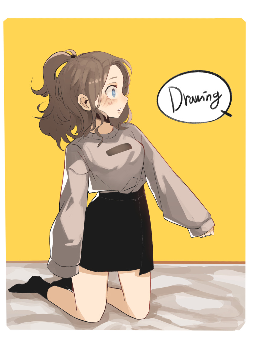 Safebooru - 1girl bare legs black skirt black socks blue eyes border breasts bright pupils brown ...