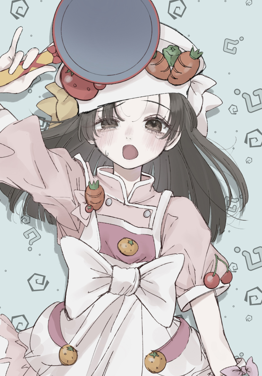 Safebooru - 1girl :o ? blush bow brown hair carrot cherry cooking idol ...