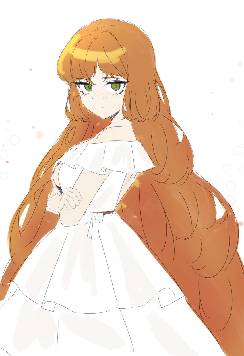 Safebooru - 1girl bow cowboy shot crossed arms dress dress bow freckles frilled dress frills ...