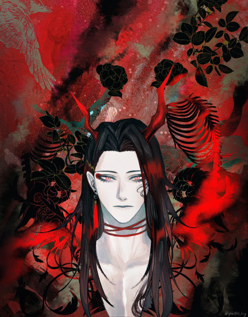 Safebooru - 1boy absurdres bird black eyeliner chest tattoo choker commentary crow demon boy ...