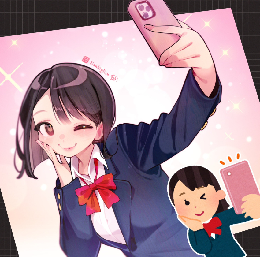 Safebooru - 1girl bow brown eyes cellphone character request copyright ...