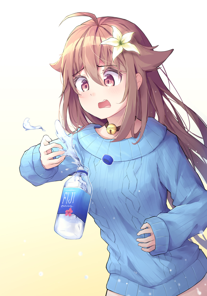 Safebooru - 1girl absurdres ahoge blue sweater bottle breasts brown hair cable knit commentary ...