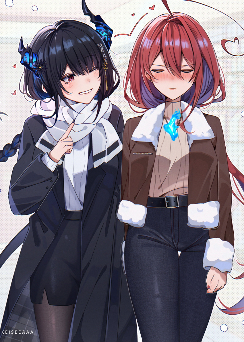 Safebooru - 2girls absurdres alternate hairstyle asymmetrical horns black hair blue hair blush ...