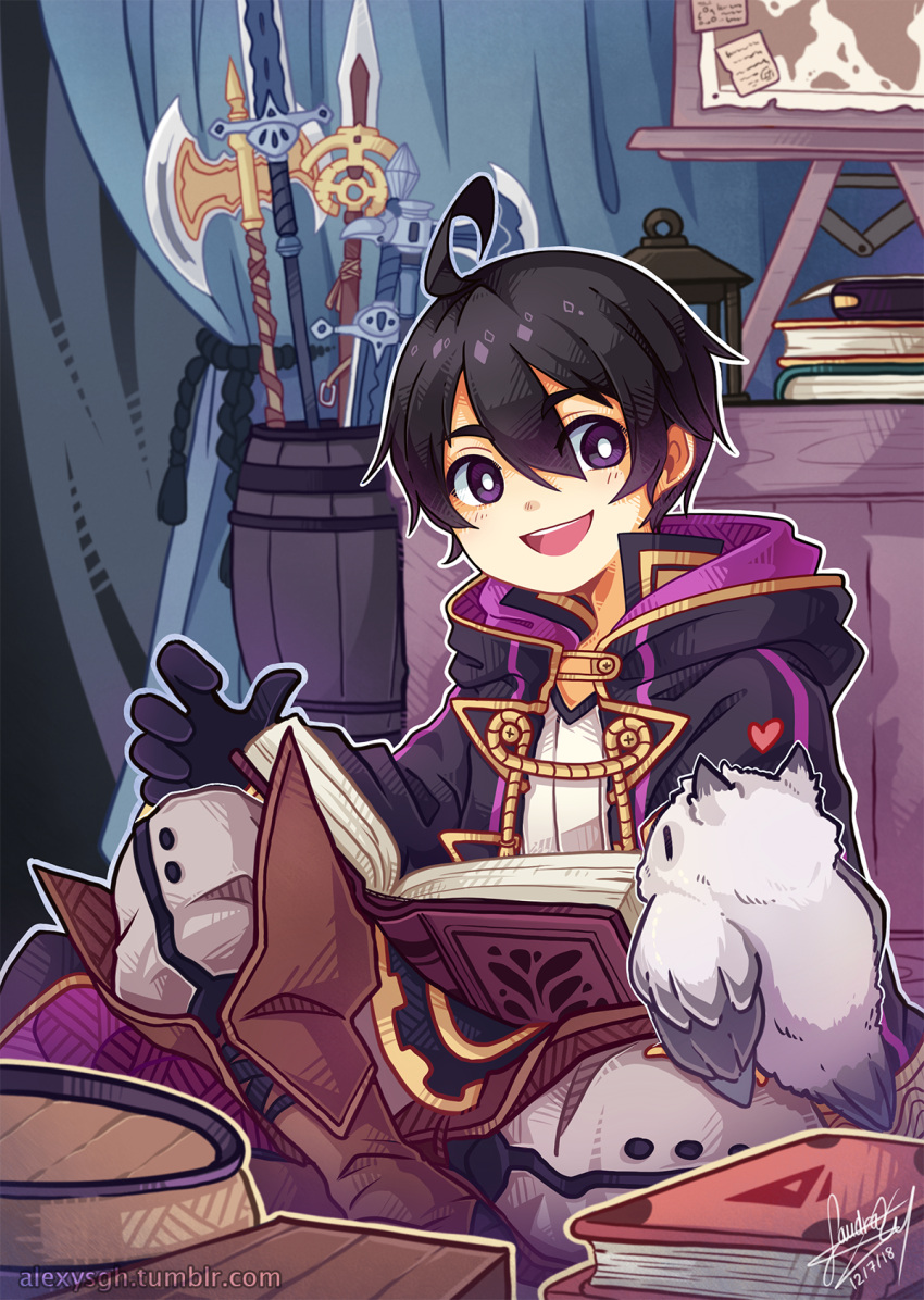 Safebooru - 1boy ahoge animal animal on leg barrel beak bird bird on leg black hair black robe ...