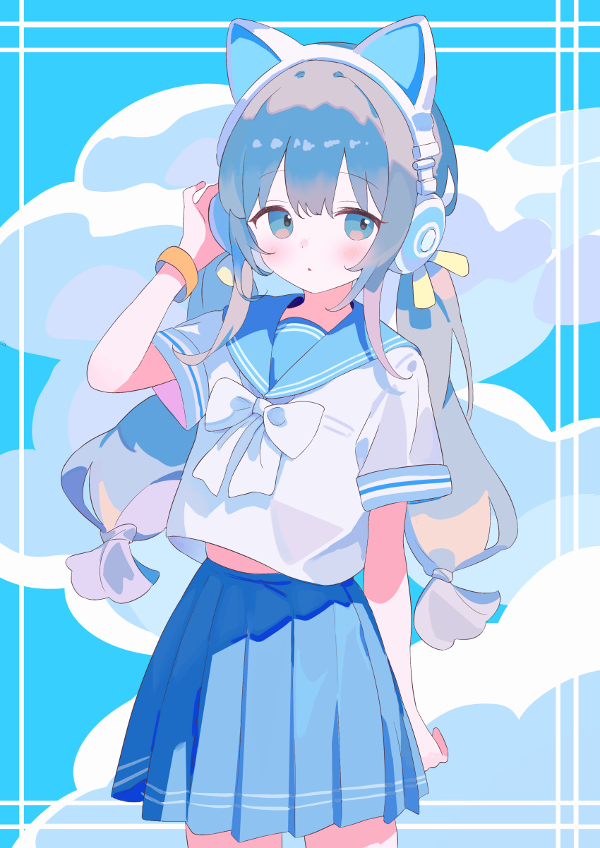 Safebooru - 1girl absurdres animal ear headphones animal ears blue eyes blue skirt blue sky ...