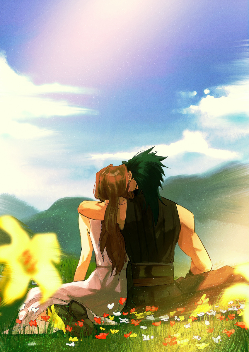 Safebooru - 1boy 1girl absurdres aerith gainsborough arm around neck bare shoulders black gloves ...