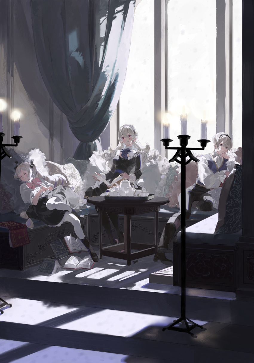 Safebooru - 1boy 2girls ai-wa blonde hair book boots candle candlelight ...
