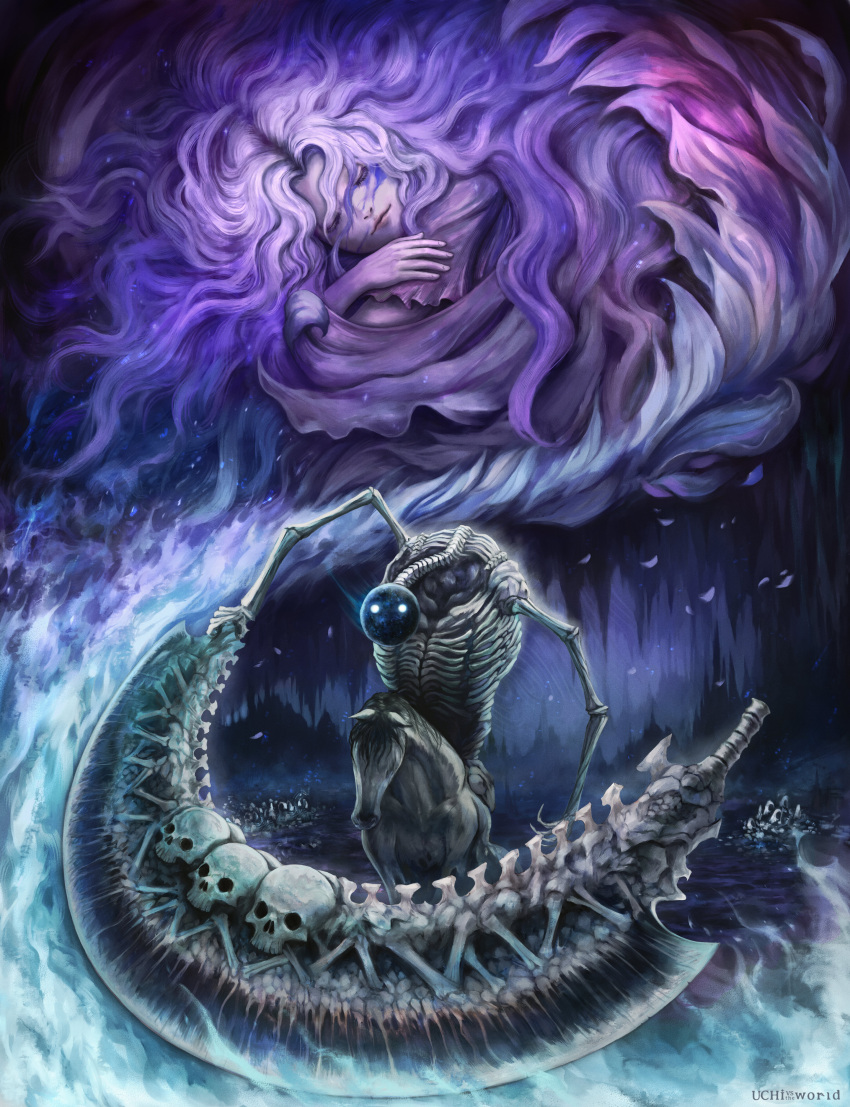 Safebooru - 1girl 1other absurdres artist name blue fire bone weapon ...