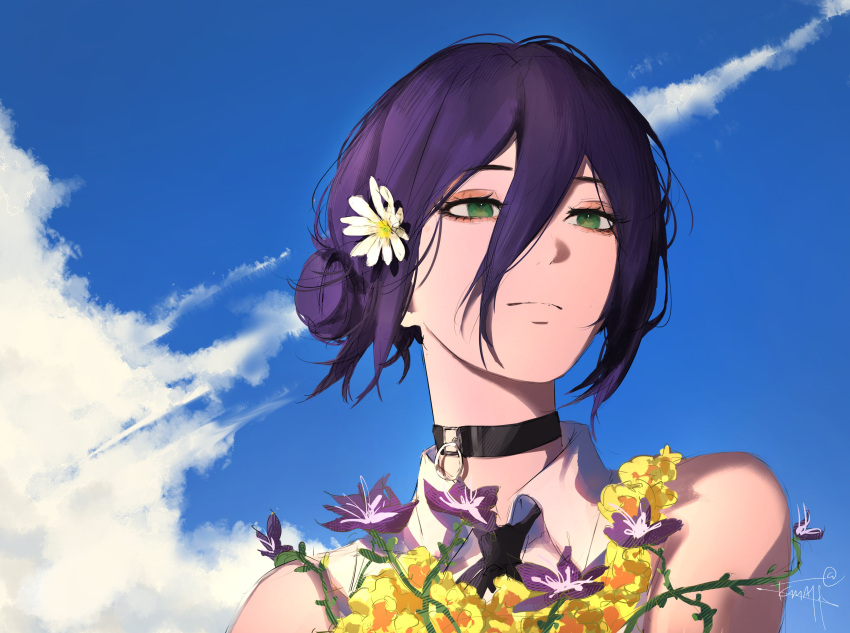 Safebooru - 1girl absurdres black choker black ribbon blue sky bouquet chainsaw man choker ...