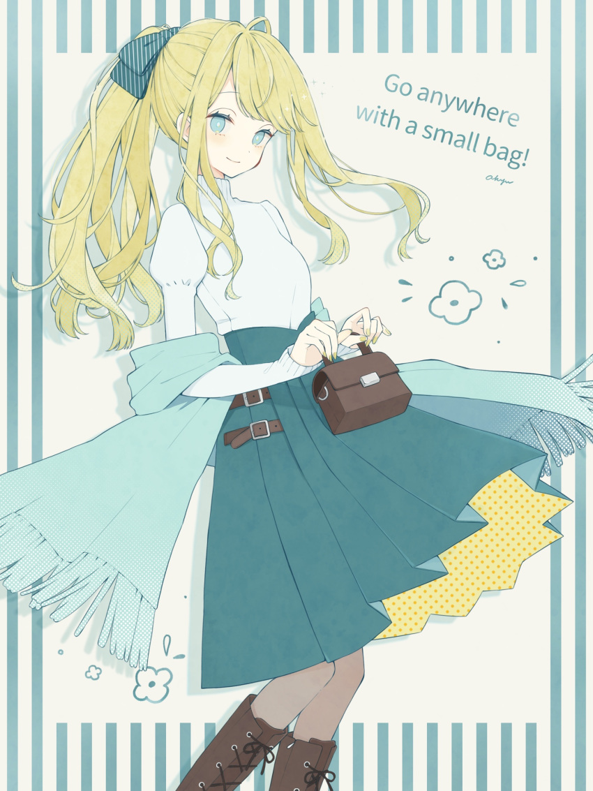 Safebooru - 1girl akiyu artist name bag blonde hair blue eyes blue shawl blue skirt boots bow ...
