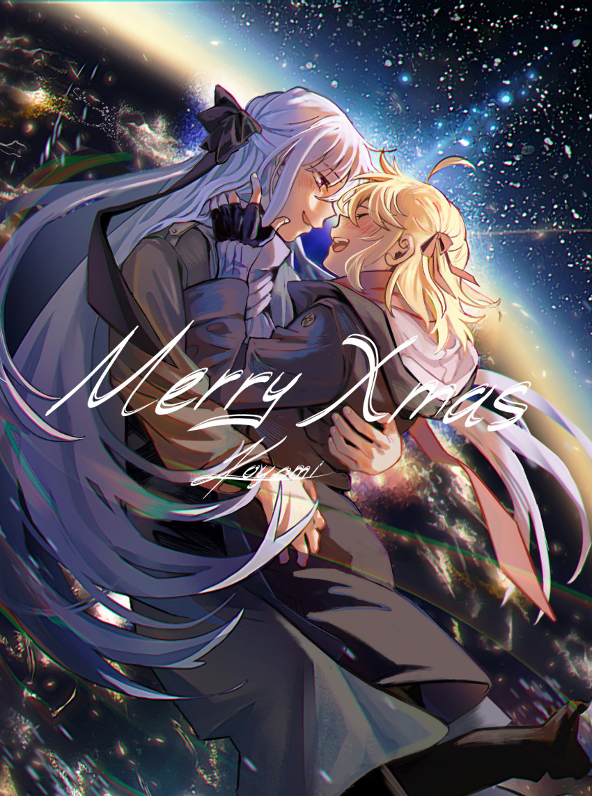 Safebooru - 2girls ahoge anisphia wynn palettia artist name black coat black gloves black ribbon ...