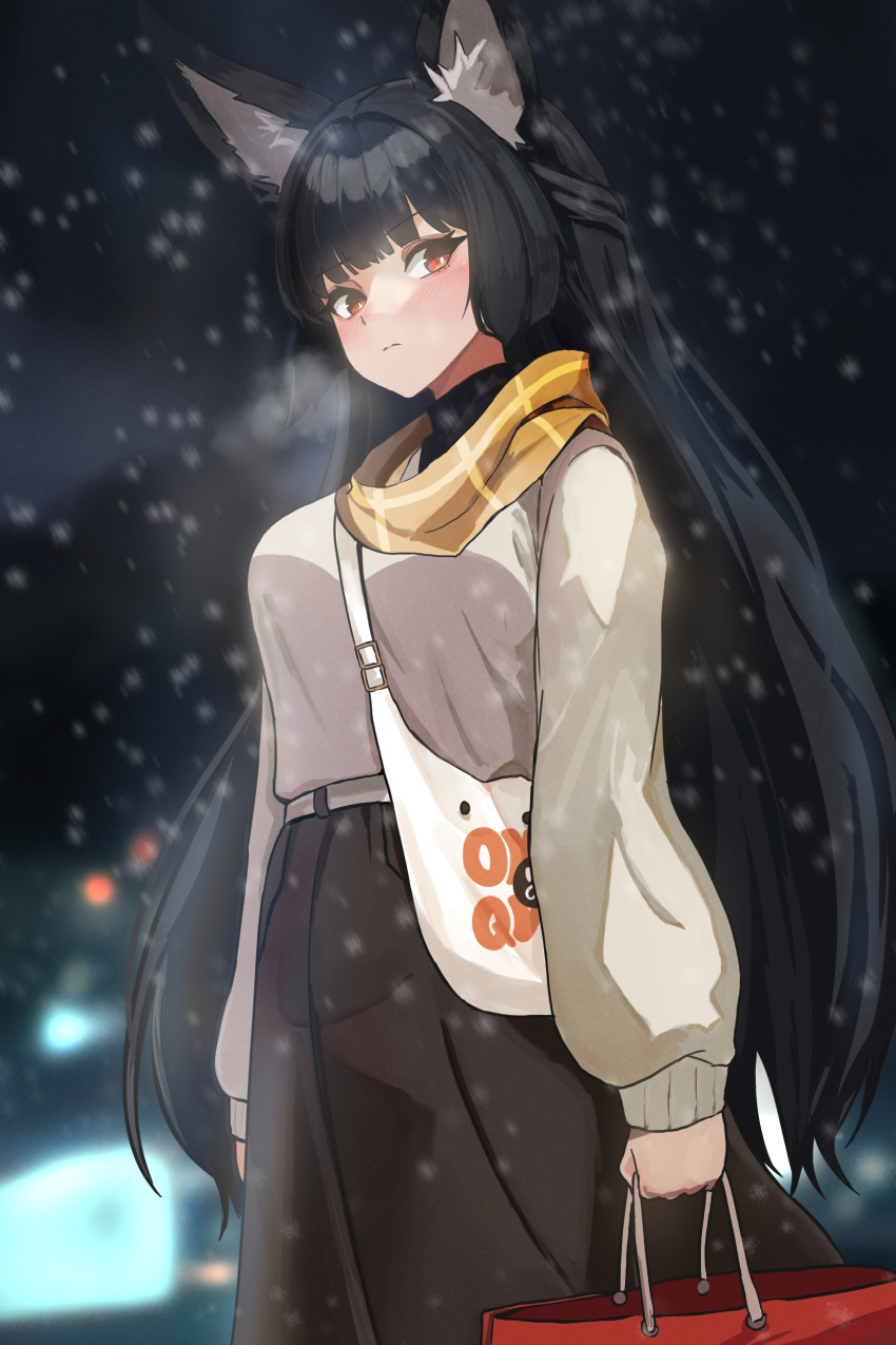 Safebooru - 1girl absurdres animal ears bag black hair black skirt blunt bangs blush closed ...