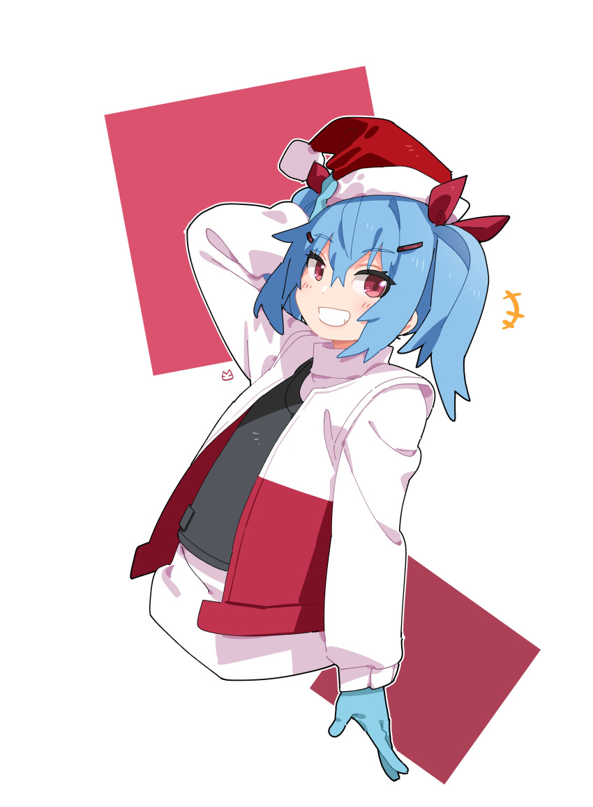 Safebooru - 1girl absurdres alternate costume arm behind head black vest blue gloves blue hair ...