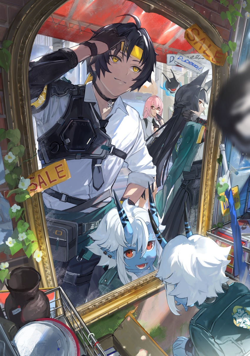 Safebooru - 1boy 3girls absurdres animal ears asaba harumasa black gloves black hair black skirt ...