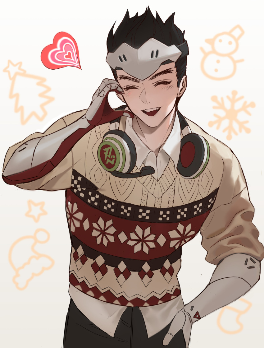 Safebooru - 1boy absurdres black hair black pants christmas sweater ...