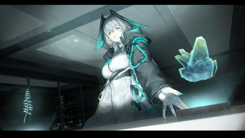 Safebooru - 1girl arknights black jacket branch breasts crystal dress feathered wings green eyes ...