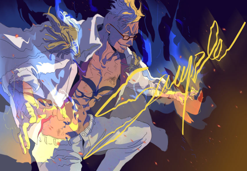 Safebooru - 1boy absurdres beard stubble blonde hair chest tattoo coat coat on shoulders ...