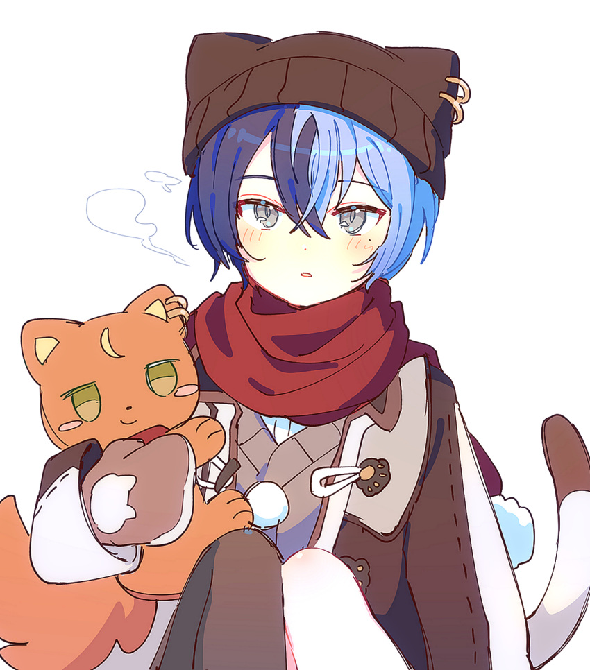 Safebooru - 1boy aged down animal ears aoyagi touya blue hair brown hat closed mouth dot nose ...