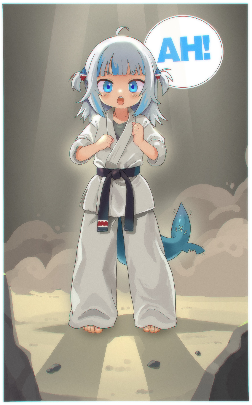 Safebooru - 1girl absurdres ahoge alternate costume arms up barefoot belt black belt blue eyes ...