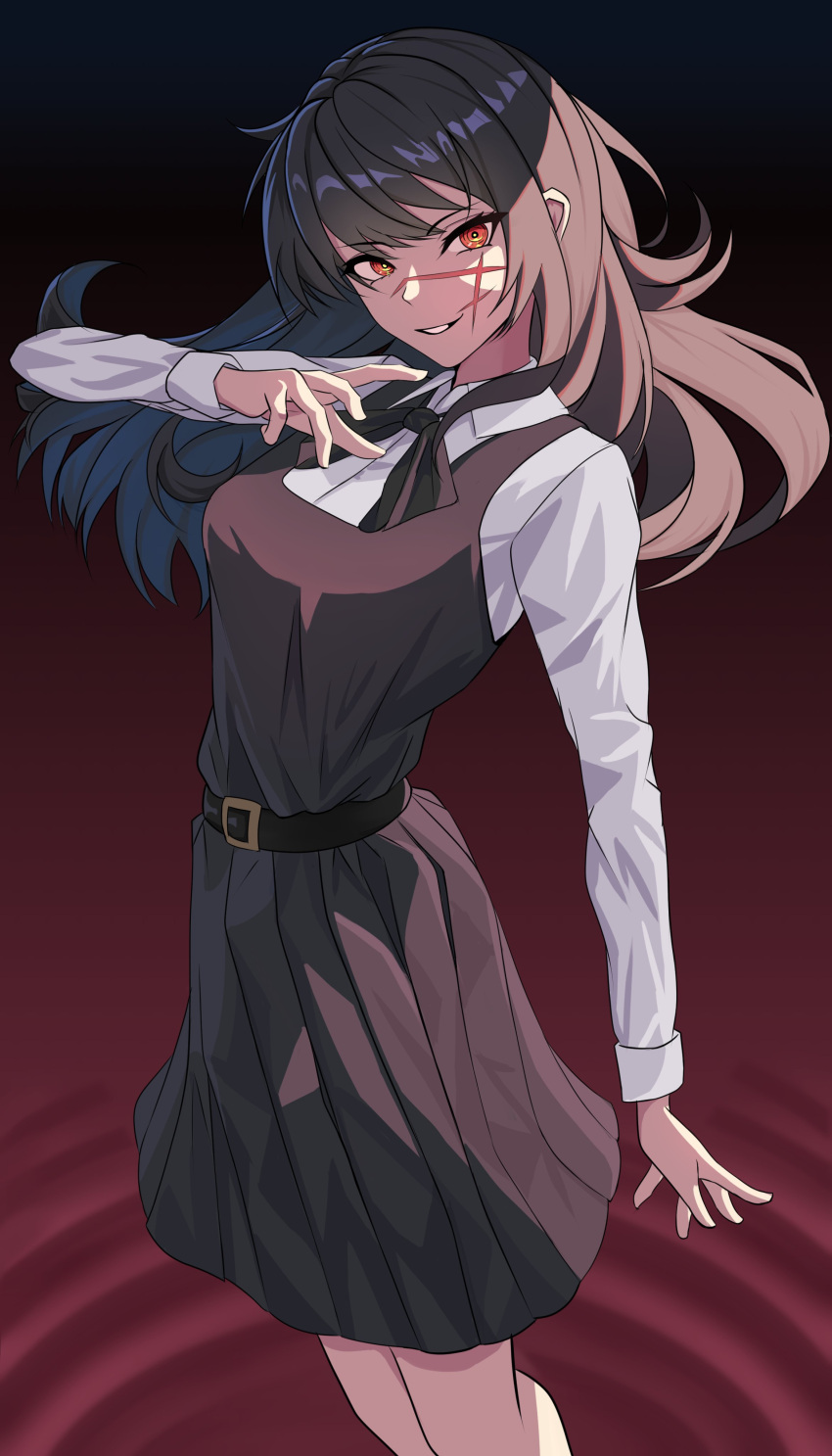 Safebooru - 1girl absurdres belt black belt black dress black hair black ribbon caligoyaro ...