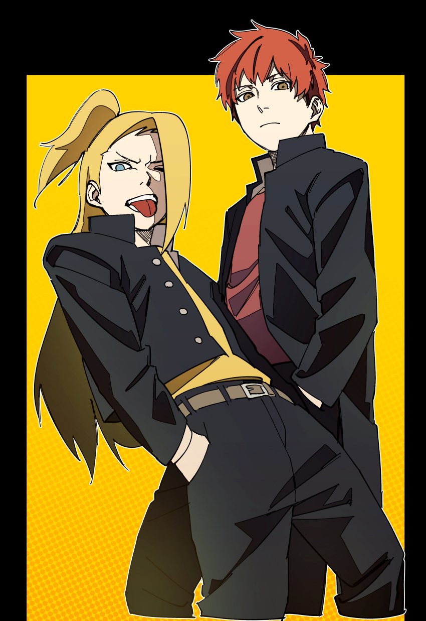 Safebooru - 2boys absurdres belt belt buckle black border black jacket black pants blonde hair ...