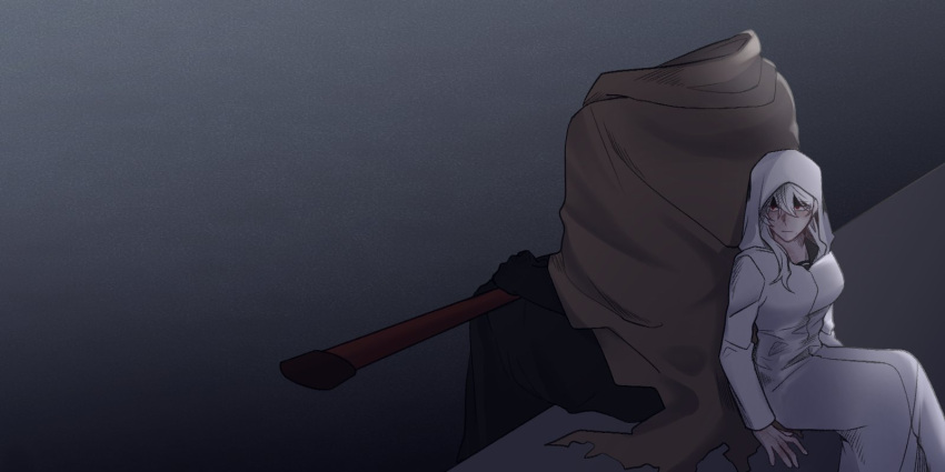 Safebooru - 1boy 1girl axe brown cloak cloak fa mayo gradient background grey background ...