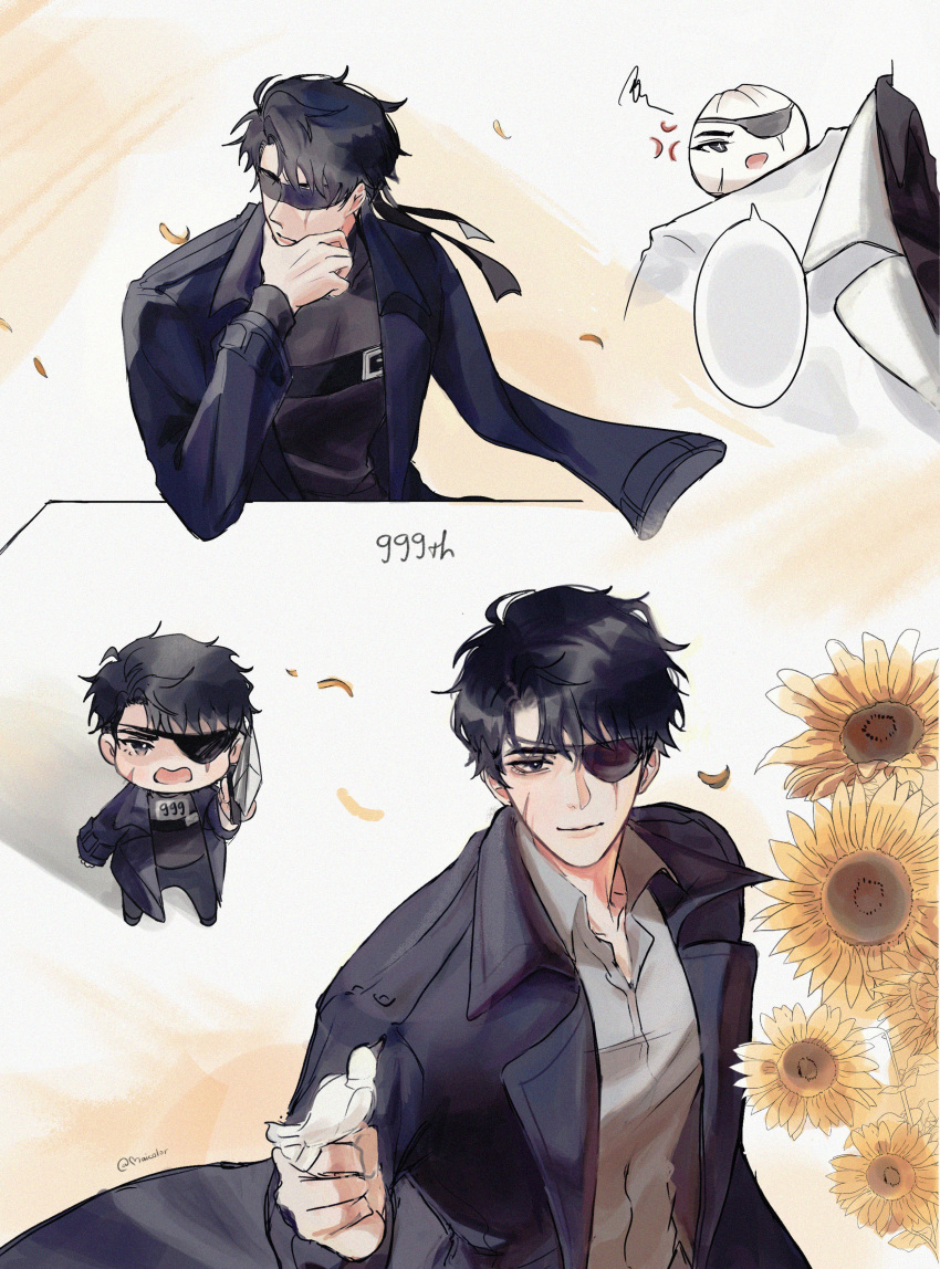 Safebooru - 1boy absurdres animal artist name bird black blindfold black coat black eyes black ...