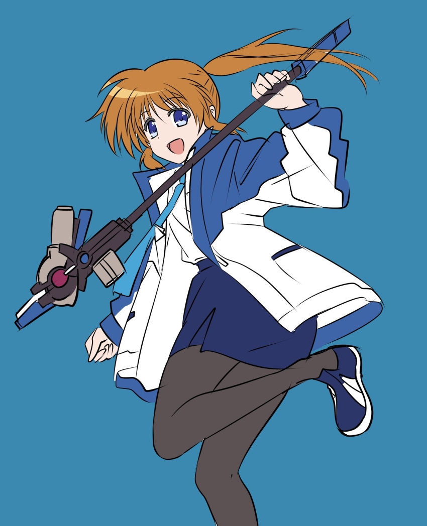 Safebooru - achanpuni blue eyes blue footwear blue skirt brown hair highres jacket lyrical ...