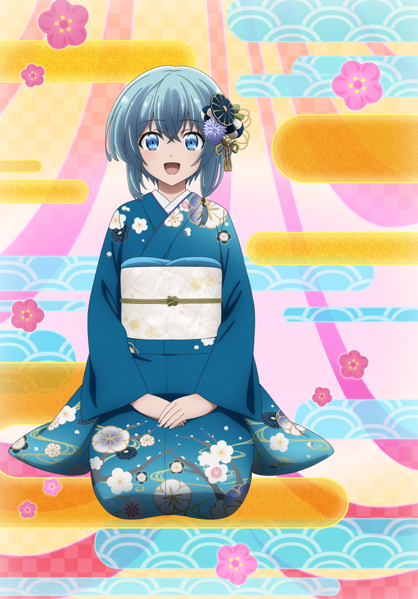 Safebooru - 1girl absurdres alternate costume blue eyes blue hair blue kimono floral print hair ...