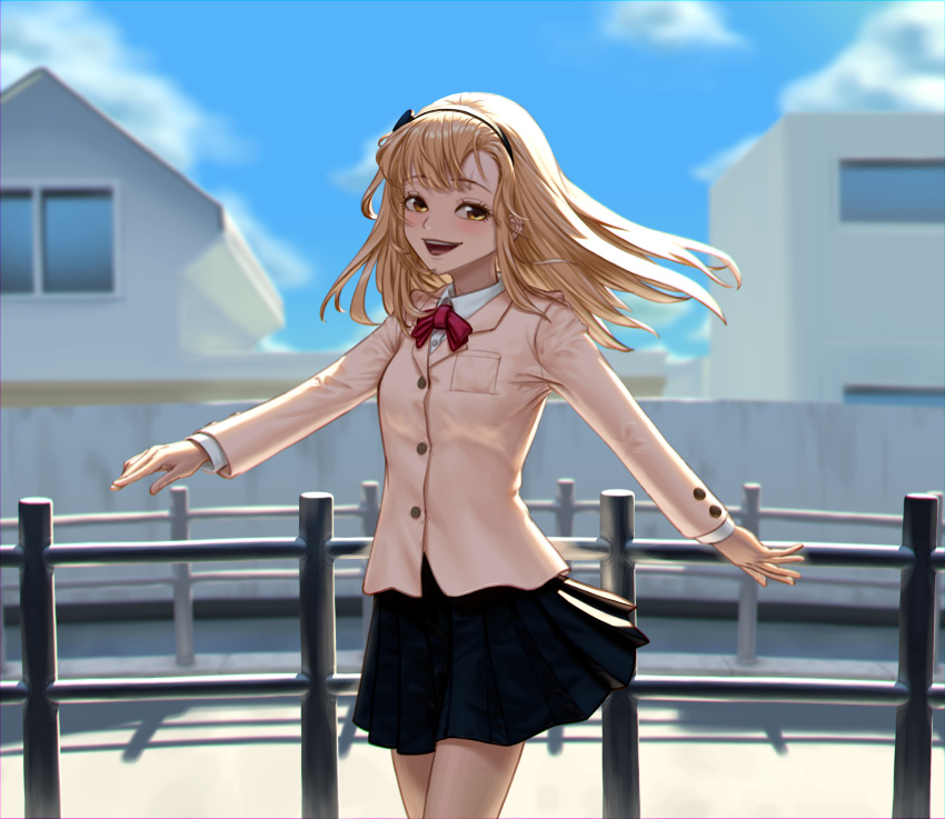 Safebooru - 1girl :d absurdres black hairband black skirt blonde hair blush bow bowtie building ...