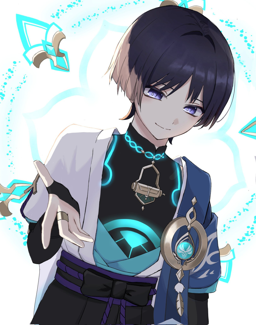 Safebooru - 1boy anemo symbol (genshin impact) arm at side backlighting belt black belt black ...