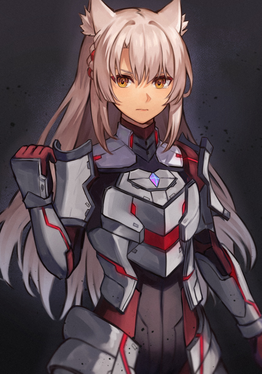 Safebooru - 1girl 20060715 absurdres animal ear fluff animal ears arm up armor black background ...