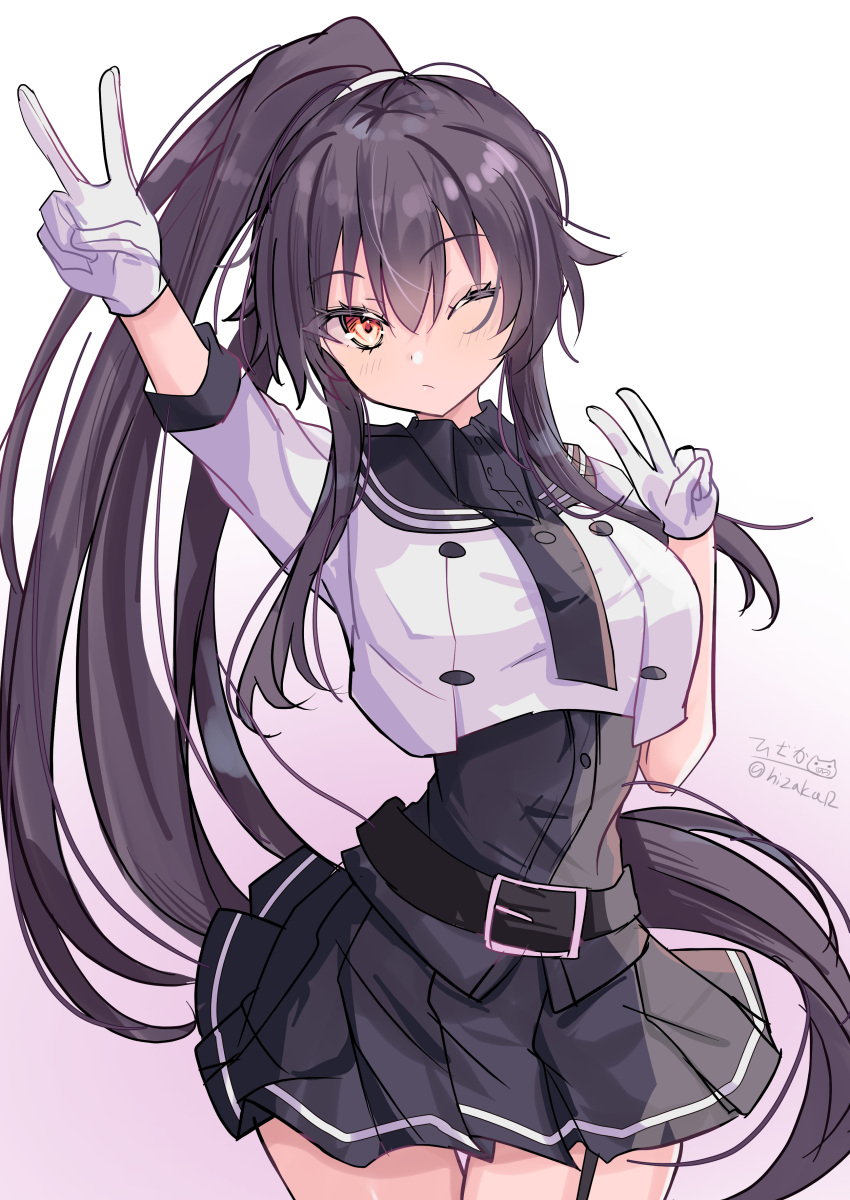 Safebooru - 1girl absurdres arm up black dress black hair blush crop top double v dress gloves ...