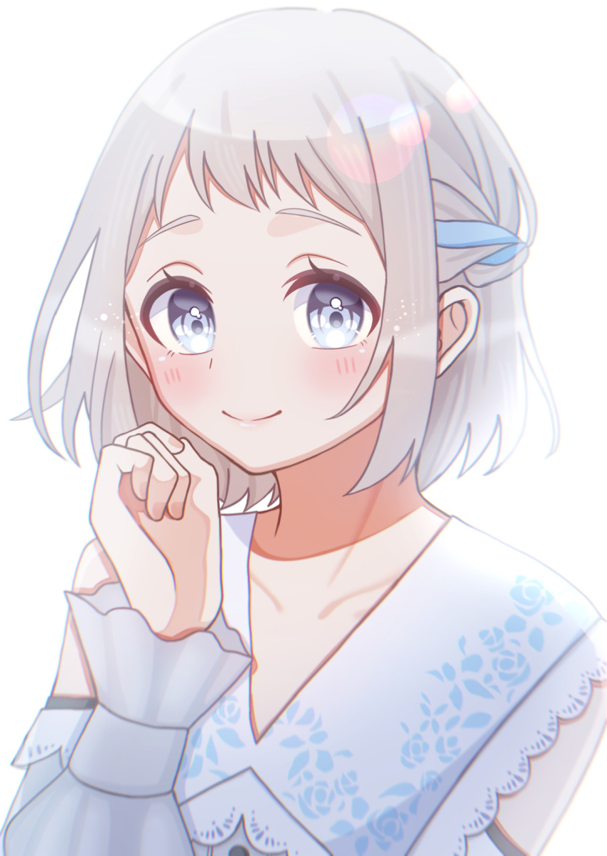 Safebooru - 1girl blue eyes blue ribbon blush collarbone commentary gakuen idolmaster grey hair ...
