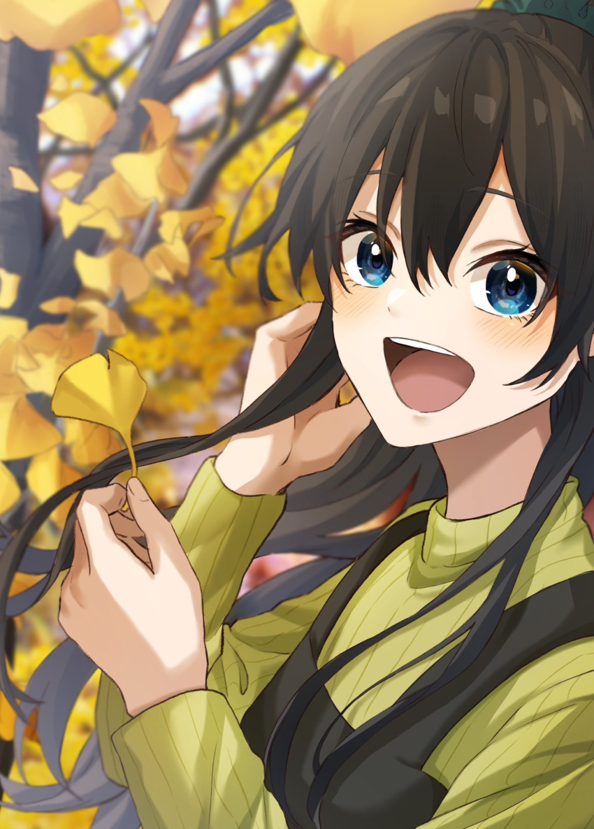 Safebooru - 1girl :d autumn autumn leaves black hair blue eyes blurry blurry background casual ...