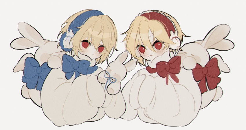 Safebooru - 2boys androgynous blonde hair blue bow blue headband blush bow dual persona earmuffs ...