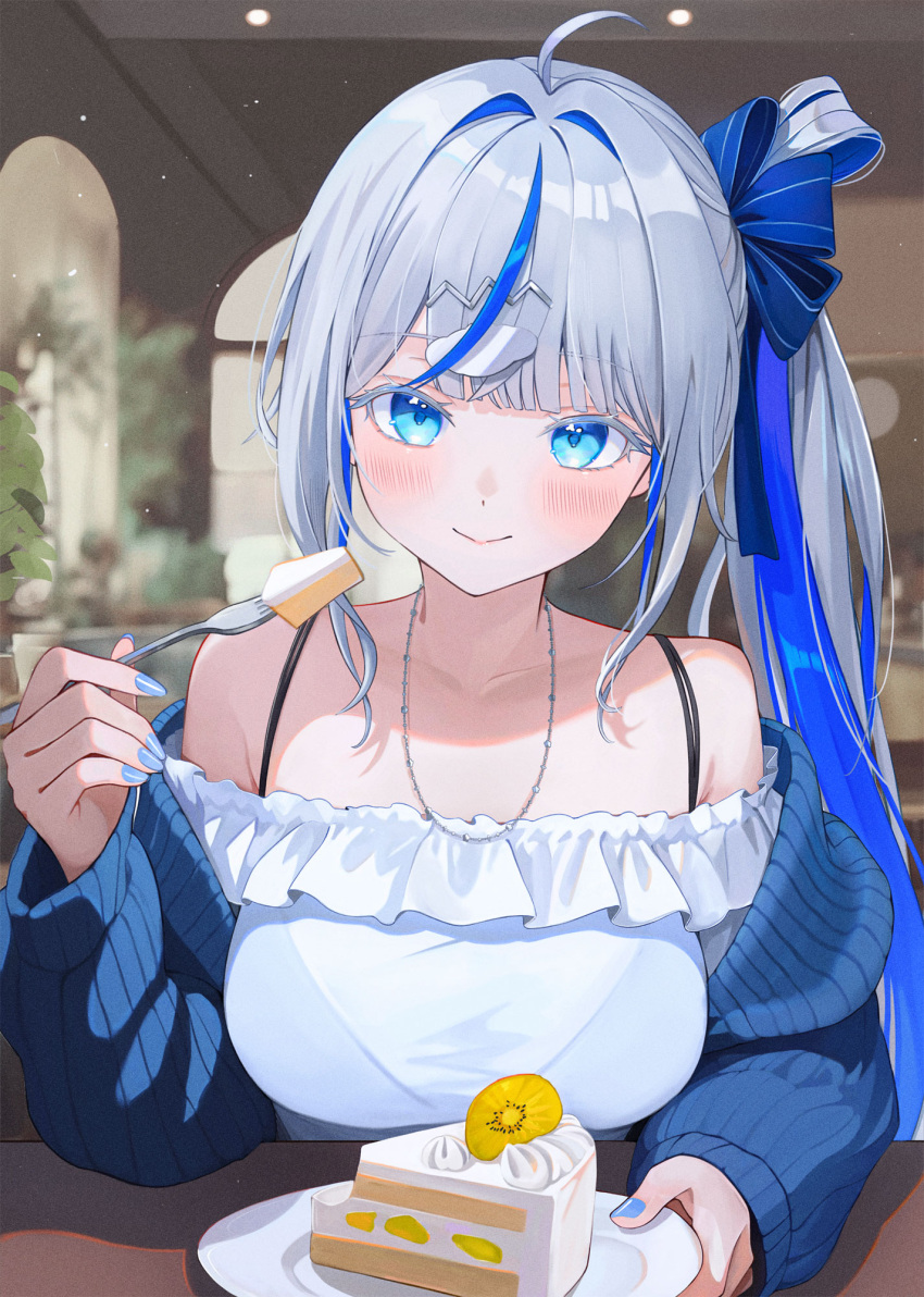 Safebooru - 1girl ahoge aokumo rin bare shoulders blue eyes blue hair blue jacket blue nails ...