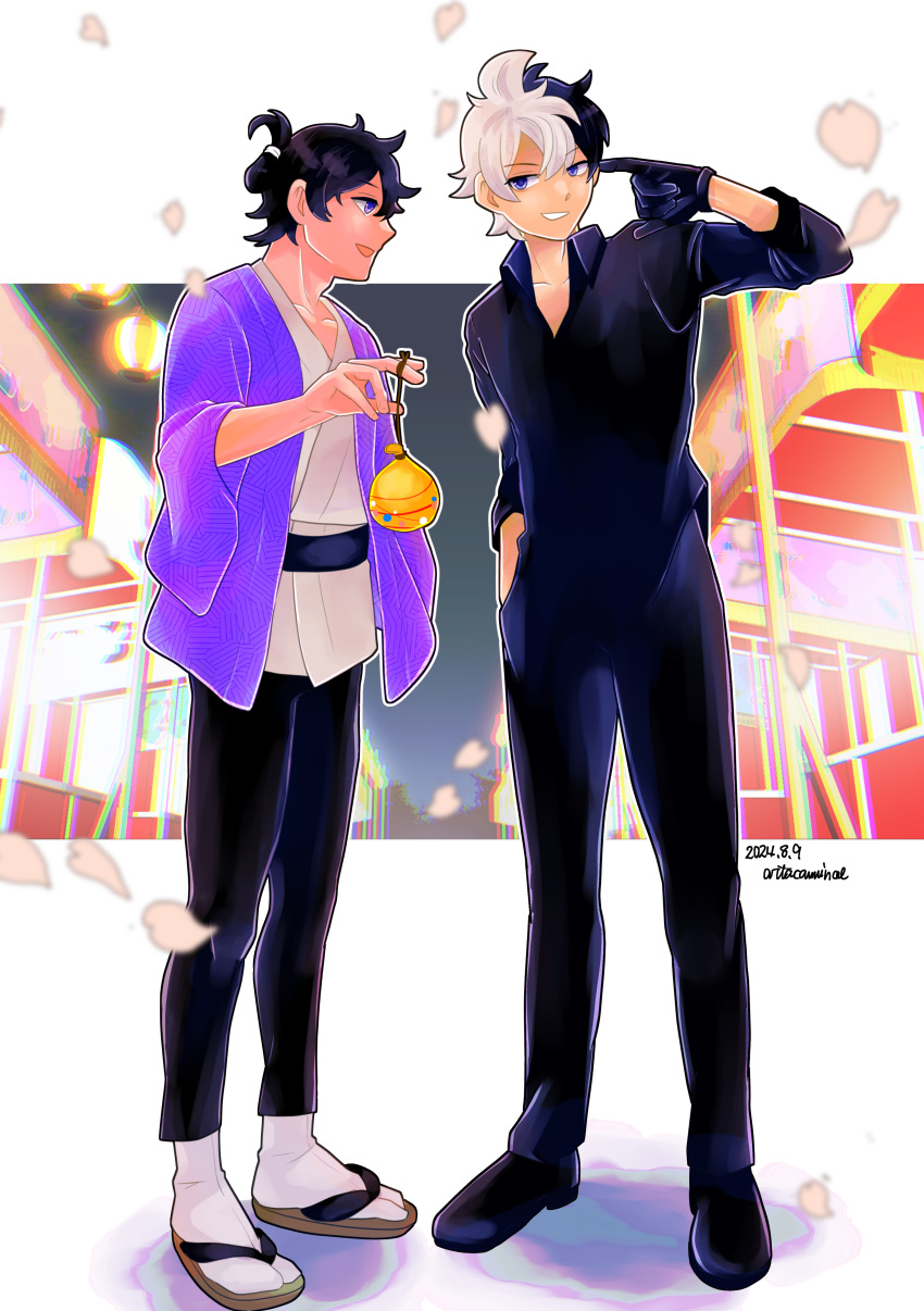 Safebooru - 2boys absurdres artacaminae artist name black hair black pants blue eyes choujou ...