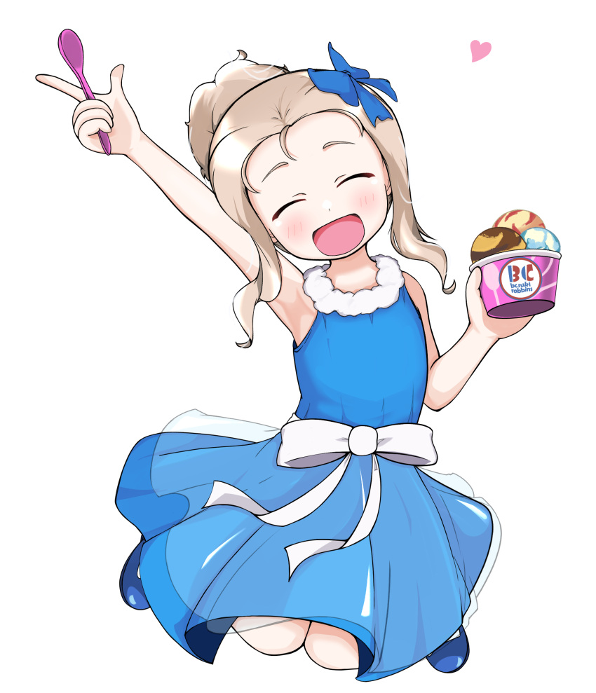 Safebooru - 1girl :d aged down arm up baskin-robbins blue bow blue dress blue footwear bow ...